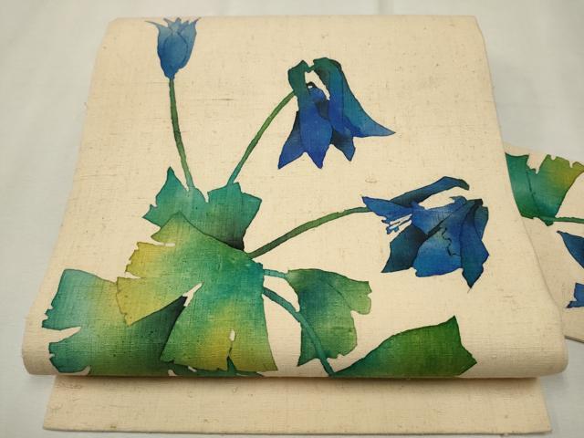 平和屋着物◎九寸名古屋帯 作家物 ろうけつ染め 草花文 鬼しぼ縮緬