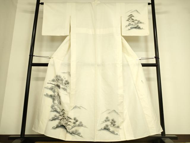 平和屋着物▽訪問着　単衣　紬地　作家物　風景渡橋山文　手描き　正絹　逸品　DAAT9135az