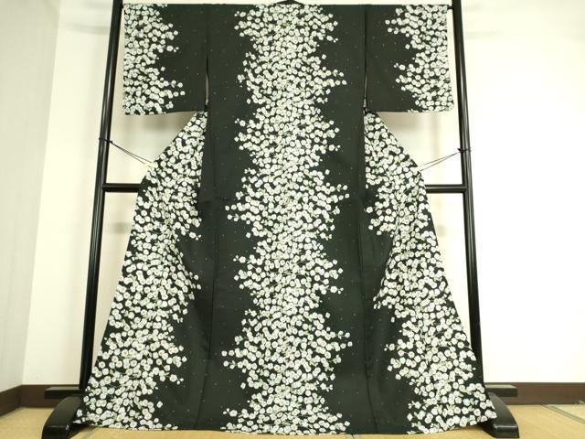 平和屋着物▽小紋　単衣　枝花文　黒地　洗える着物　DAAT9190az