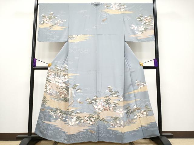 平和屋本店■極上　中国三大刺繍　スワトウ相良刺繍　総刺繍　訪問着　水辺風景文　暈し染め　金糸　灰青色地　逸品　未使用　CYAA2611s5