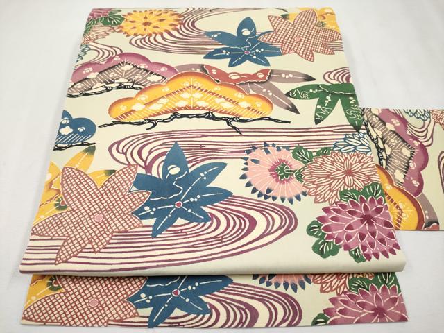 平和屋本店■極上　人間国宝　鎌倉芳太郎　型絵染　琉球紅型　九寸名古屋帯　流水枝花文　若芽色地　落款あり　逸品　CYAA2695s5