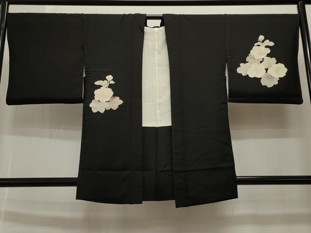 平和屋着物＃羽織　草花文　黒地　金彩　正絹　逸品　CAAT5893id