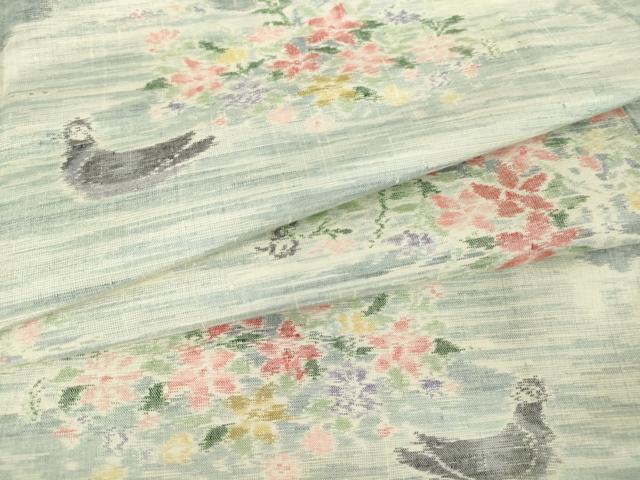 平和屋着物▽小千谷紬　単衣　花鳥文　正絹　逸品　DAAT9681az