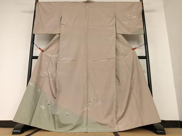 平和屋着物●訪問着　友禅　紬地　草花文　暈し染め　正絹　逸品　AAAX0691zg