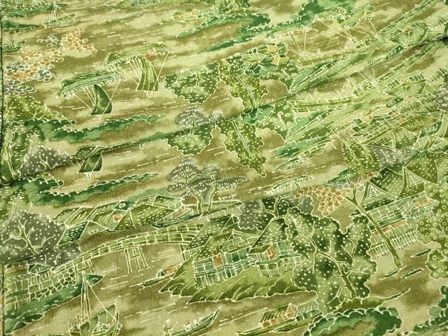 平和屋着物▽上質な小紋　紬地　単衣　水辺風景文　正絹　逸品　DAAT9854az