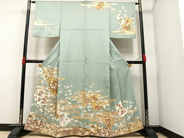 平和屋着物●訪問着　駒刺繍　誰が袖花文　金彩　正絹　逸品　AAAY8986ph