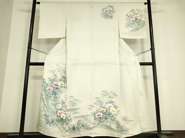 平和屋着物▽訪問着　単衣　作家物　草花文　手描き　正絹　逸品　DAAV5225az