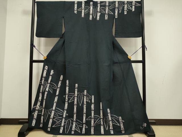 平和屋本店■極上　夏物　浴衣　絞り　笹竹文　濃い紺地　綿　逸品　DZAA20292kh5