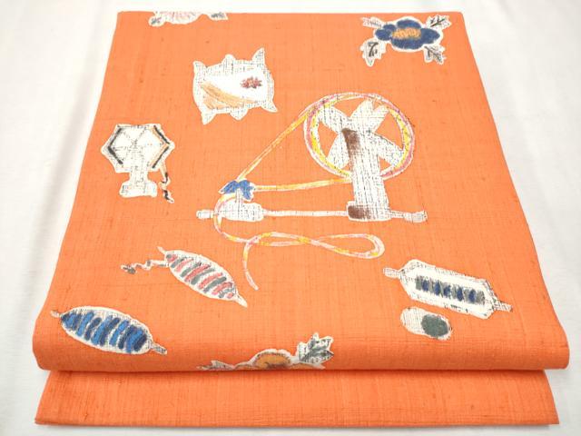 平和屋着物●九寸開き名古屋帯　紬地　糸巻き　照柿色　正絹　逸品　CAAW4577hy