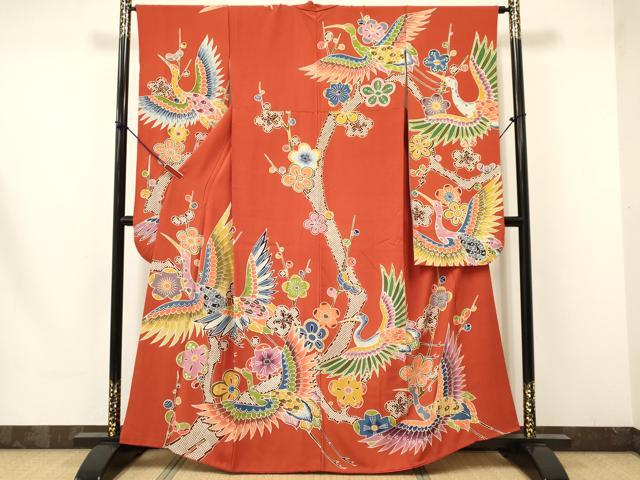 平和屋着物●豪華振袖　型染め　飛鶴枝梅文　金彩　鬼しぼ縮緬　正絹　逸品　DAAS9413ma