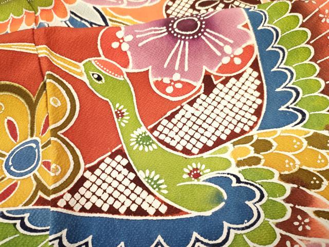 平和屋着物○豪華振袖 型染め 飛鶴枝梅文 金彩 鬼しぼ縮緬