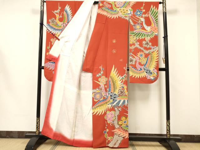 平和屋着物○豪華振袖 型染め 飛鶴枝梅文 金彩 鬼しぼ縮緬