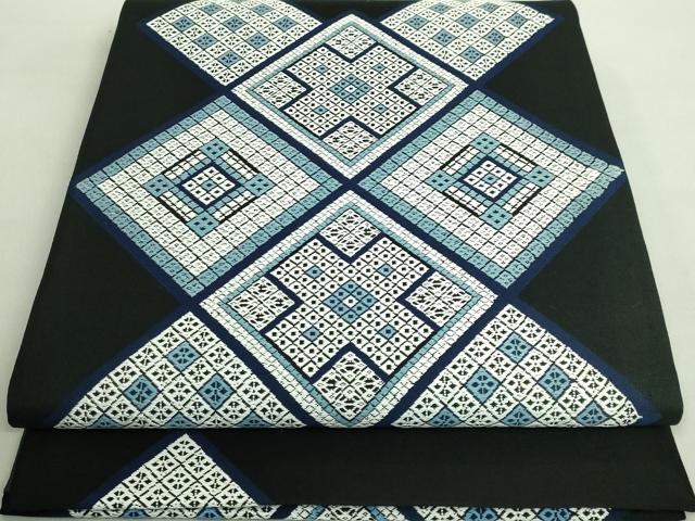 平和屋着物■極上　六通柄袋帯　中西桂秀　天然灰汁醗酵建本藍染　藍　織こぎん　黒地　逸品　DZAA8649kh5