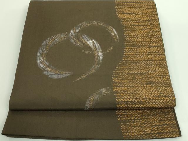 平和屋着物■極上　十日町 名門青柳謹製　草木染　太鼓柄袋帯　輪繋ぎ　憲法黒茶色地　逸品　DZAA9034kh5