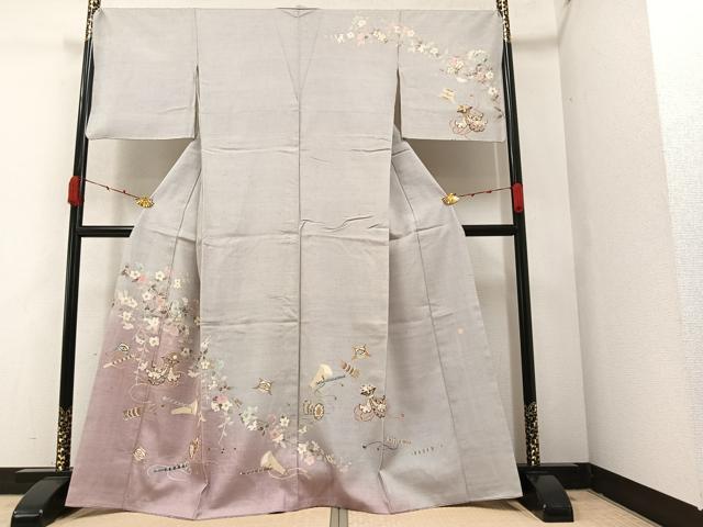平和屋着物●訪問着　作家物　紬地　枝花楽器文　暈し染め　金彩　正絹　逸品　AAAZ5062ph