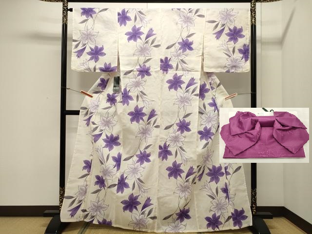 平和屋着物∴夏物　浴衣・つけ帯セット　百合　綿　未使用　CAAW5011dy