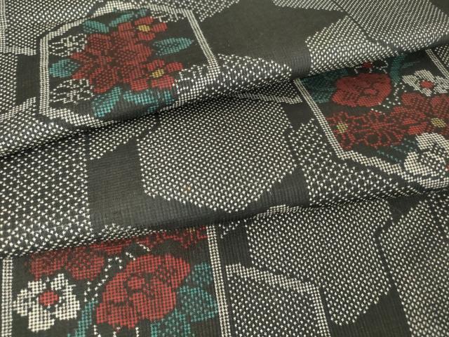 平和屋着物○上質な紬 十字絣 黒地 正絹 逸品 AAAZ0604ck