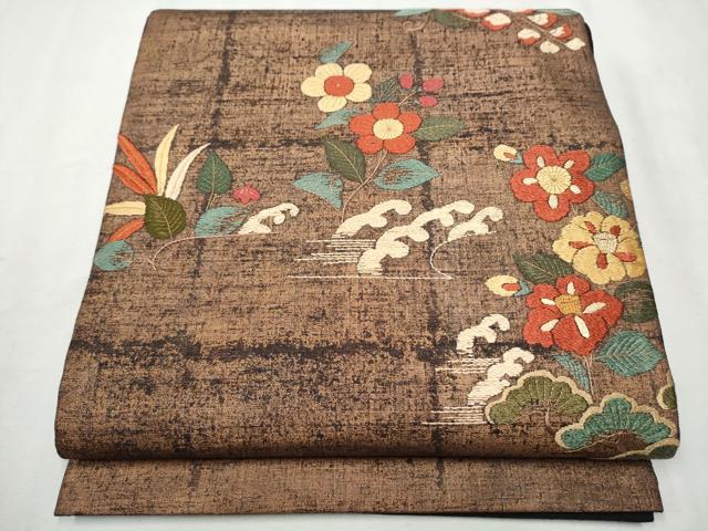 平和屋着物●太鼓柄袋帯　紬地　総刺繍　立浪草花文　金彩　正絹　逸品　CAAX1322hy