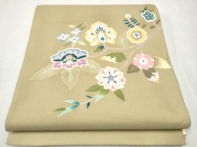 平和屋着物●本加賀友禅作家　中野萌仙　太鼓柄袋帯　枝花文　白橡色地　正絹　逸品　CAAX1428hy