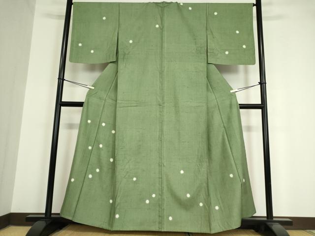 平和屋着物▽訪問着　単衣　紬地　絞り　丸文　松葉色　正絹　逸品　DAAV5566az