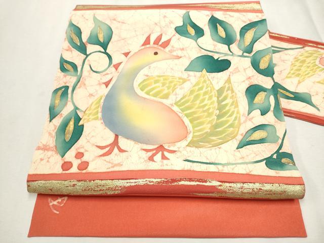 平和屋着物●九寸名古屋帯　作家物　臈纈染め　唐草文　金彩　絹　逸品　CAAX1521hy