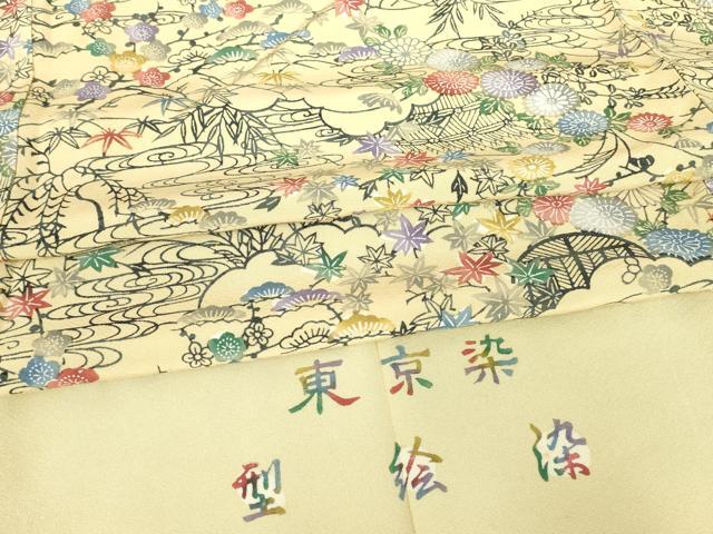 平和屋着物▽上質な小紋　単衣　東京染　型絵染　籬花文　反端付き　正絹　逸品　DAAV5630az