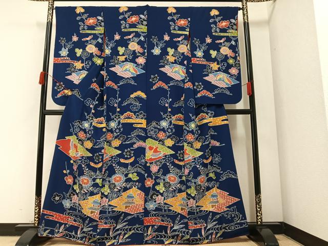 平和屋着物●小振袖　二尺袖　型染め　花鳥風景文　カラー胴裏：赤色　正絹　逸品　AABA3773ph