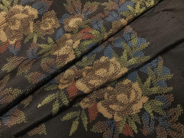 平和屋着物●上質な紬　草花文　黒地　ロング丈　正絹　逸品　AABA4307ph