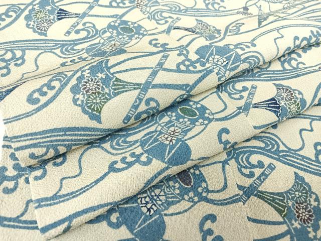 平和屋着物●上質な小紋　藍　型染め　流水楽器文　鬼しぼ縮緬　正絹　逸品　AABA4536np