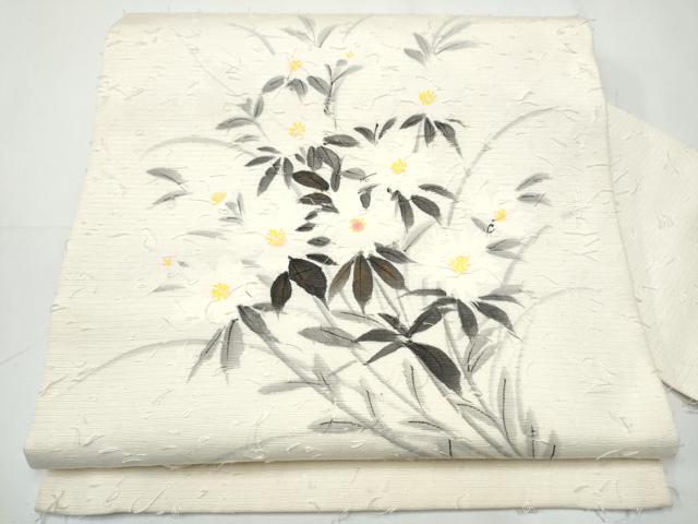 平和屋着物●九寸名古屋帯　作家物　髭紬　手描き　草花文　正絹　逸品　CAAY2454hy