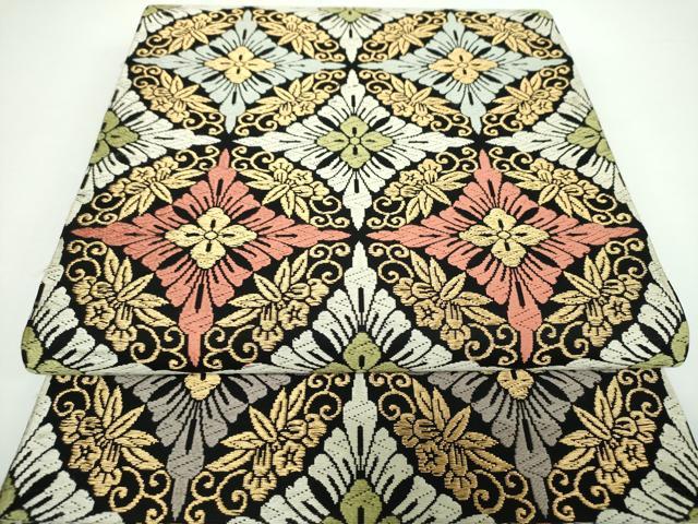 平和屋着物●六通柄袋帯　唐織　七宝花文　黒地　金糸　正絹　逸品　DAAV6989ps