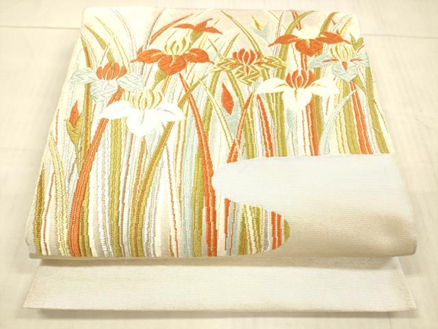 平和屋着物＊夏物　太鼓柄袋帯　唐織　杜若　金銀糸　正絹　逸品　DAAX0305cm