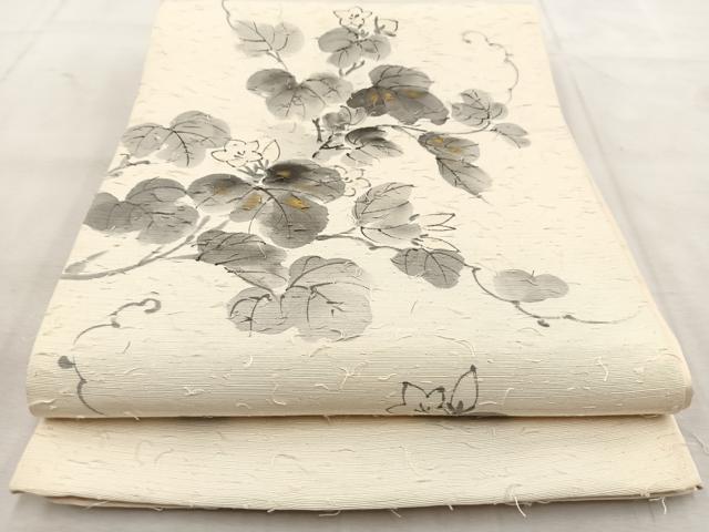 平和屋着物●六通柄袋帯　作家物　手描き　髭紬地　草花文　金彩　正絹　逸品　BAAU8820yc