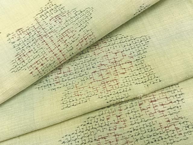 平和屋着物▽上質な紬　単衣　舞葉文　正絹　逸品　AABA7681fy