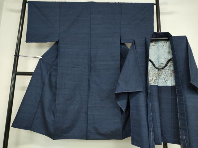 平和屋着物▽男性　紬　単衣　アンサンブル　留紺色　正絹　逸品　DAAX3096az