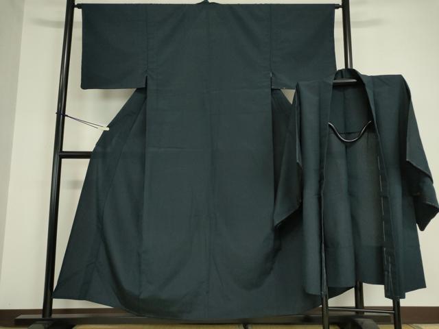 平和屋着物▽男性　お召　単衣　アンサンブル　紺色　正絹　逸品　DAAX3098az