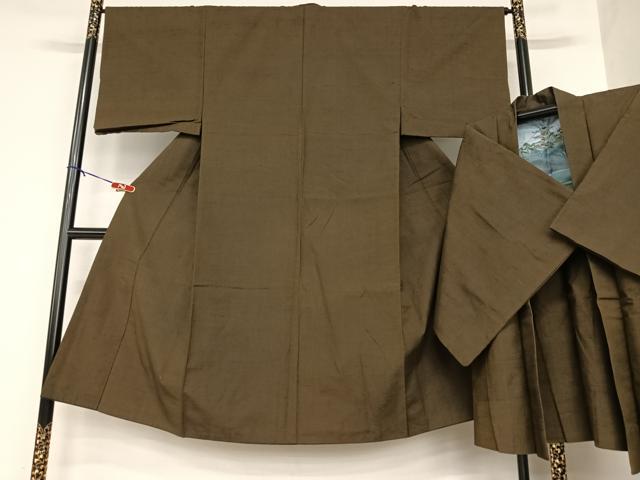 平和屋着物●男性　紬　アンサンブル　色無地　赤墨色　正絹　逸品　AABA8835zg