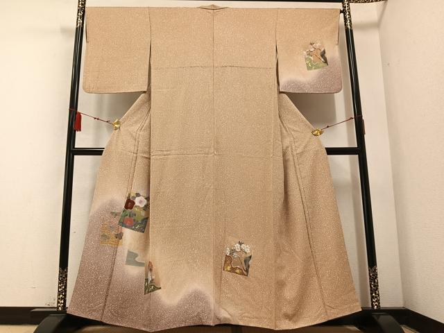 平和屋着物●訪問着　手描き　色紙枝花文　たたき染め　金銀彩　正絹　逸品　AABB2939ph