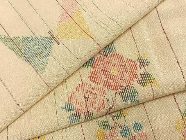 平和屋着物▽上質な紬　単衣　花蝶文　正絹　逸品　AABB2053fy