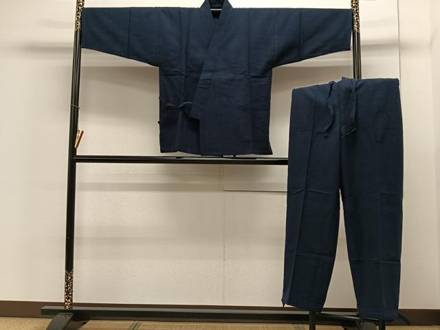 平和屋着物＃男性　作務衣　上下接セット　メンズM　男の四季　群青色　CAAX7876ua