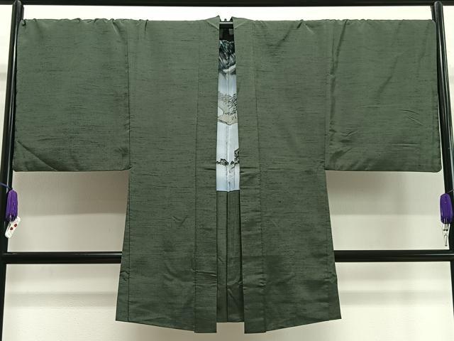 平和屋着物＃男性　長羽織　紬地　麹塵色　正絹　逸品　CAAX7893ua