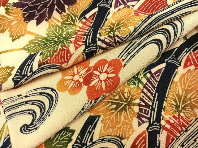 平和屋着物●上質な小紋　型染め　流水枝花文　鬼しぼ縮緬　正絹　逸品　AABB3631ph