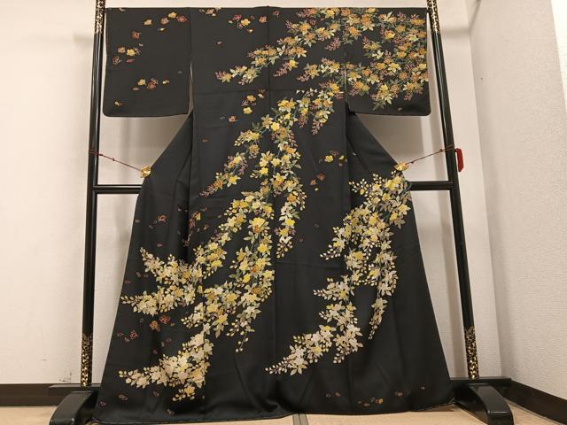 平和屋着物●訪問着　駒刺繍　枝花文　黒地　正絹　逸品　未使用　AABB5130ph