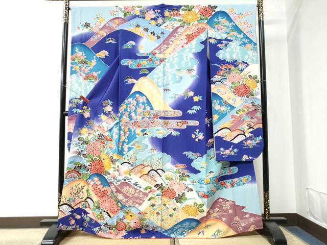 平和屋着物●豪華振袖　型染め　遠山エ霞草花文　暈し染め　正絹　逸品　CAAW8359yc