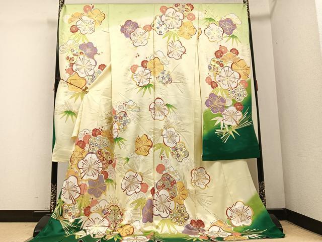 平和屋着物●豪華振袖　京友禅　駒刺繍　型染め　松竹梅宝尽くし　暈し染め　金彩　丹後ちりめん　仮絵羽　逸品　未使用　AABB5143ph