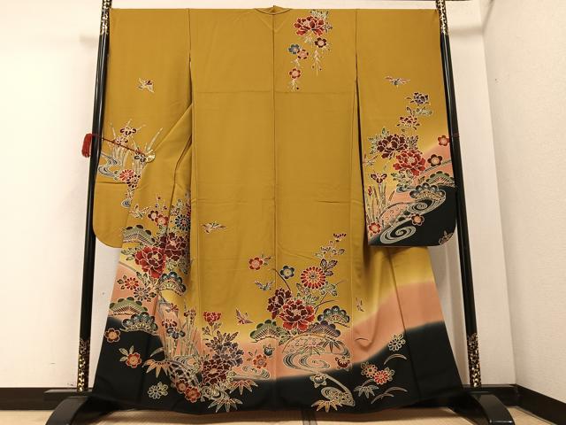平和屋着物●豪華振袖　型染め　花鳥文　暈し染め　正絹　逸品　AABB5155ph