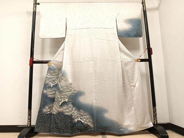 平和屋着物●国際的伝統工芸作家　十二代・藤林徳扇　苑寿　訪問着　駒刺繍　松　暈し染め　金銀彩　正絹　逸品　AABB6315ph