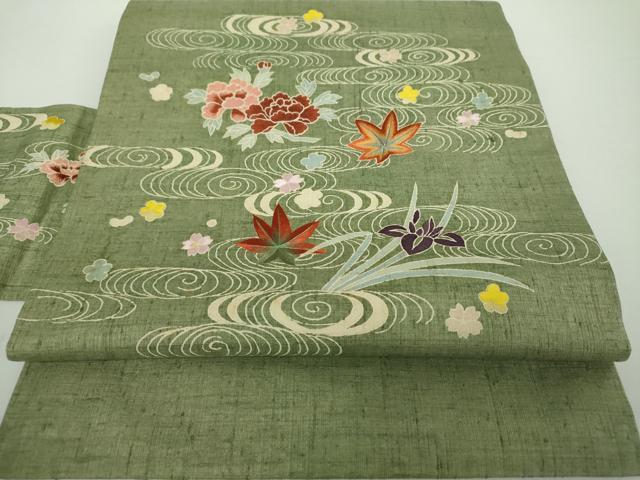 平和屋着物●九寸名古屋帯　生紬　刺繍　竜田川花文　正絹　逸品　DAAX4788ps