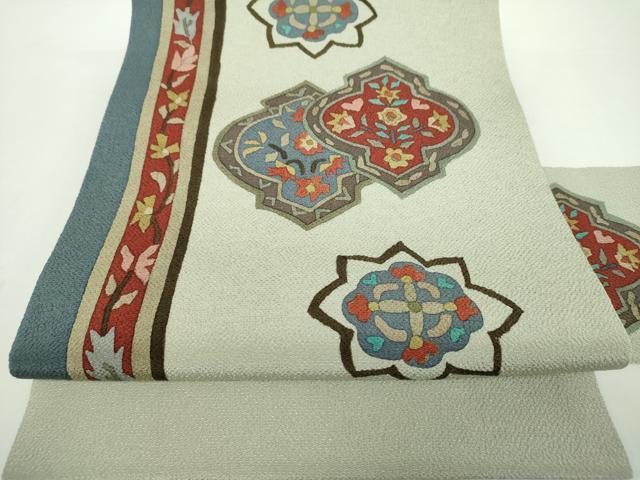 平和屋着物●九寸名古屋帯　草花間道　鬼しぼ縮緬　正絹　逸品　未使用　DAAX4801ps