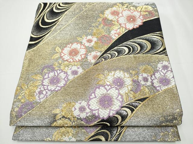 平和屋着物●六通柄袋帯　唐織　流水舞桜文　黒地　金銀糸　正絹　逸品　CAAY2713hy